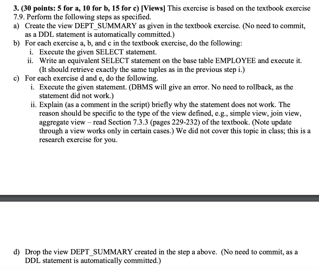 Solved 7.9. Consider the following view, DEPT_SUMMARY, | Chegg.com