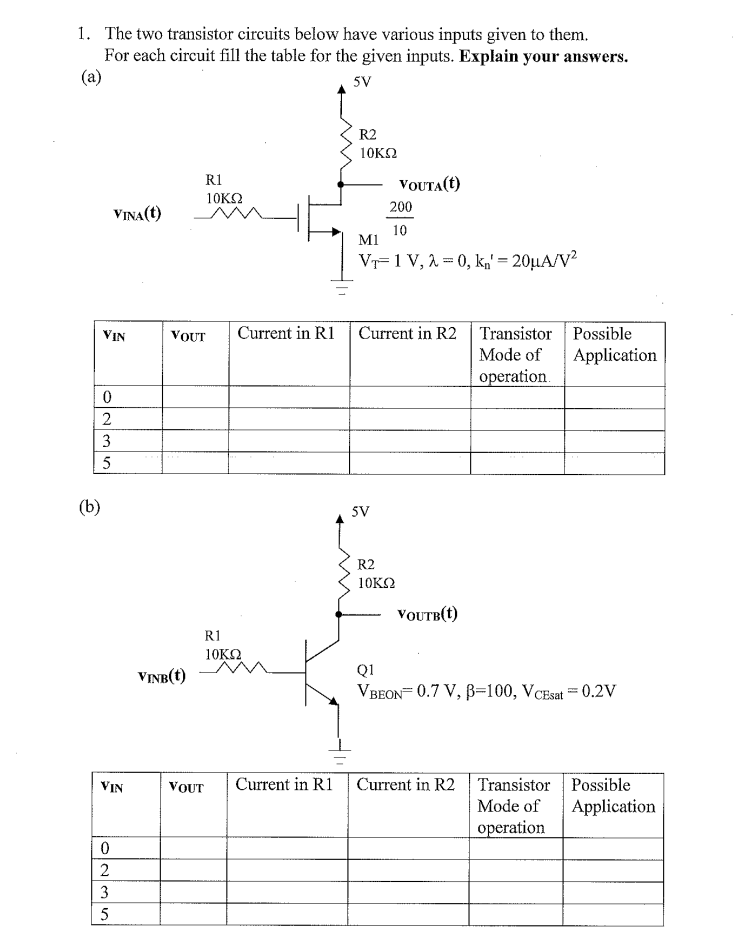 Solved 1. The two transistor circuits below have various | Chegg.com
