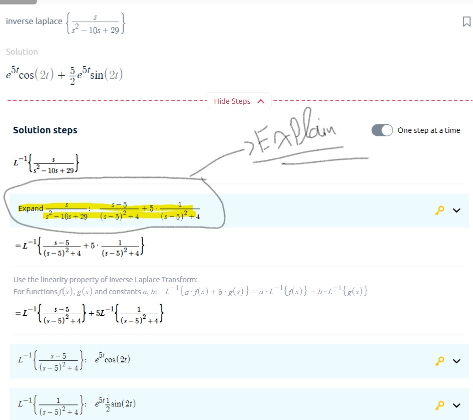 Solved ss2-10s+29:s-5(s-5)2+4+5*1(s-5)2+4can you explain | Chegg.com