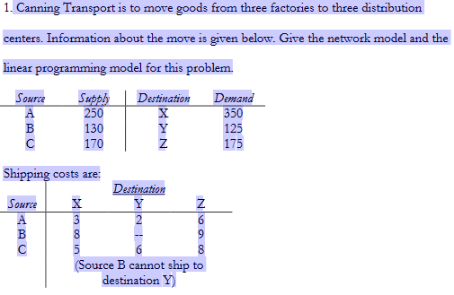 Solved 1. Canning Transport is to move goods from three | Chegg.com