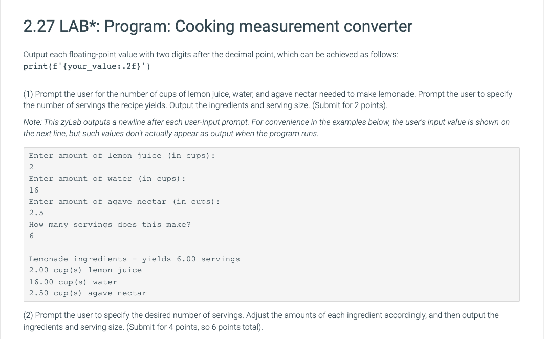 Solved 2.27 LAB*: Program: Cooking measurement converter | Chegg.com