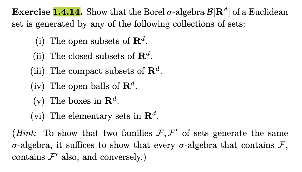 Solved Exercise 1.4.14. Show that the Borel o-algebra B[Rd] | Chegg.com