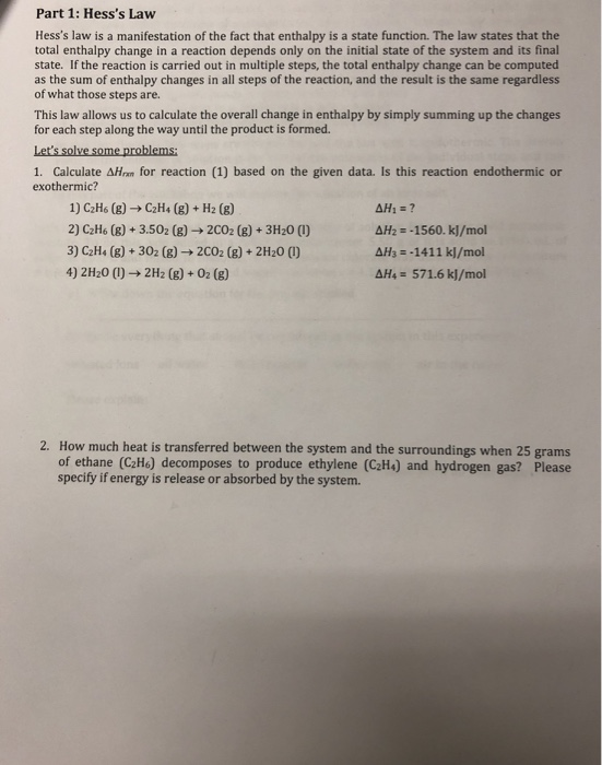 Solved Part 1: Hess's Law Hess's law is a manifestation of | Chegg.com