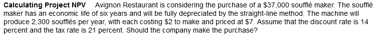 Solved Calculating Project NPV Avignon Restaurant is | Chegg.com