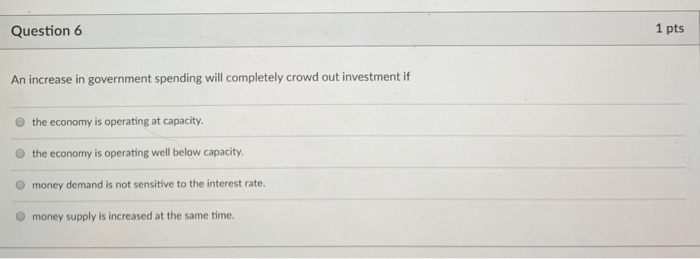 Solved Question 6 1 pts An increase in government spending | Chegg.com