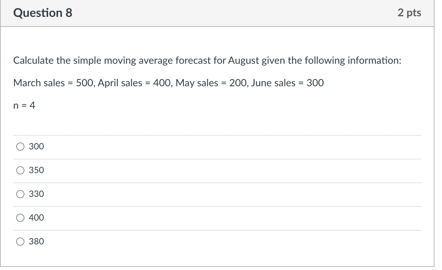 Solved Question 8 2 pts Calculate the simple moving average | Chegg.com