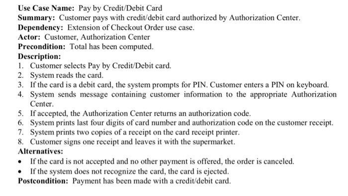 Solved Use Case Name: Pay by Credit/Debit Card Summary: | Chegg.com