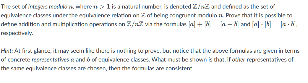 Solved The set of integers modulo n, where n>1 is a natural | Chegg.com