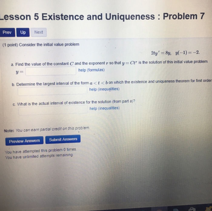 Solved esson 5 Existence and Uniqueness Problem 7 Prev Up | Chegg.com
