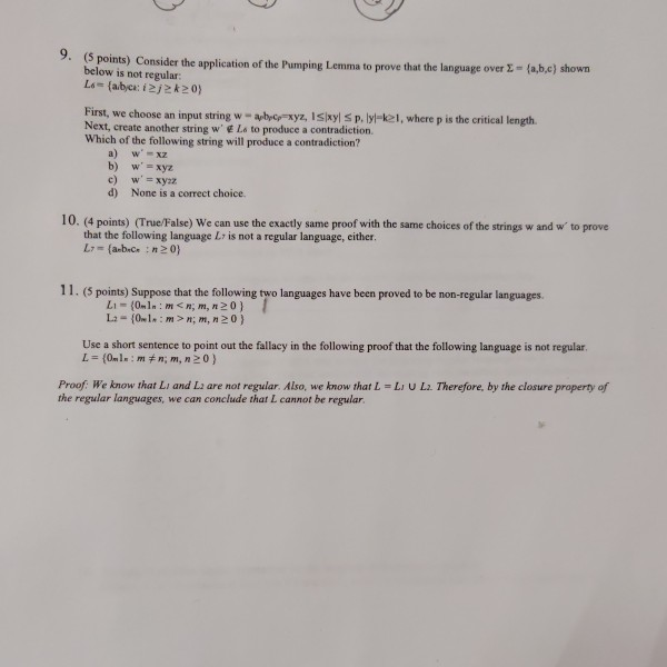Solved 9. (5 points) Consider the application of the Pumping | Chegg.com