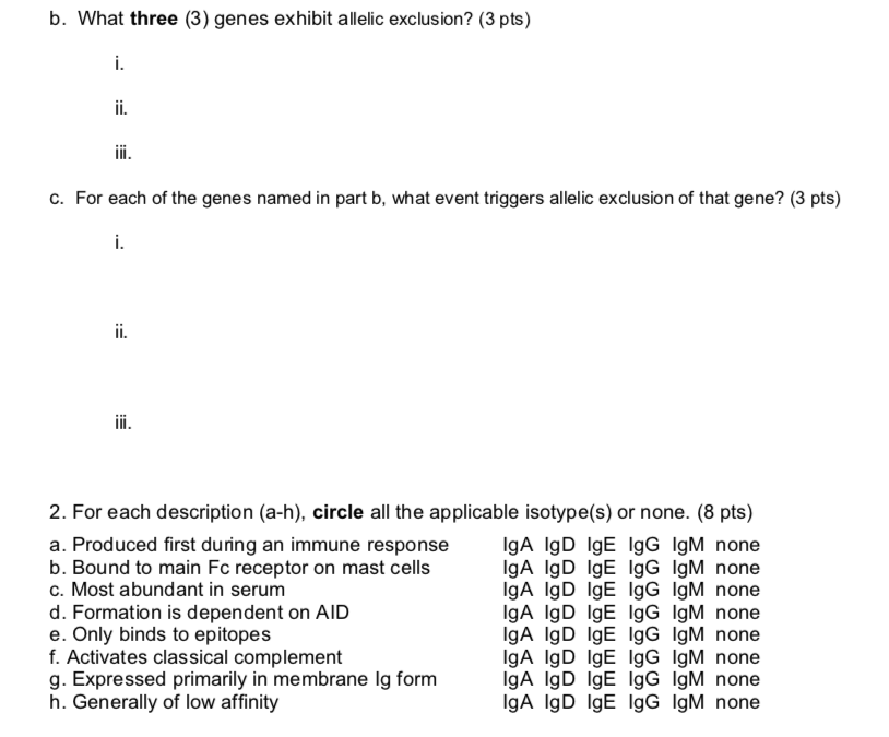 Solved b. What three (3) genes exhibit allelic exclusion? (3 | Chegg.com