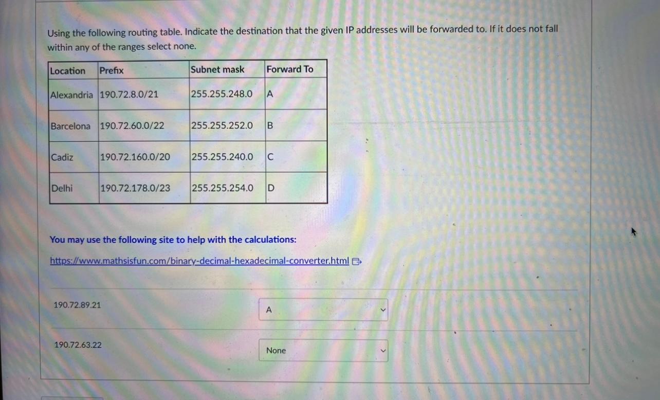 Solved Using the following routing table. Indicate the | Chegg.com