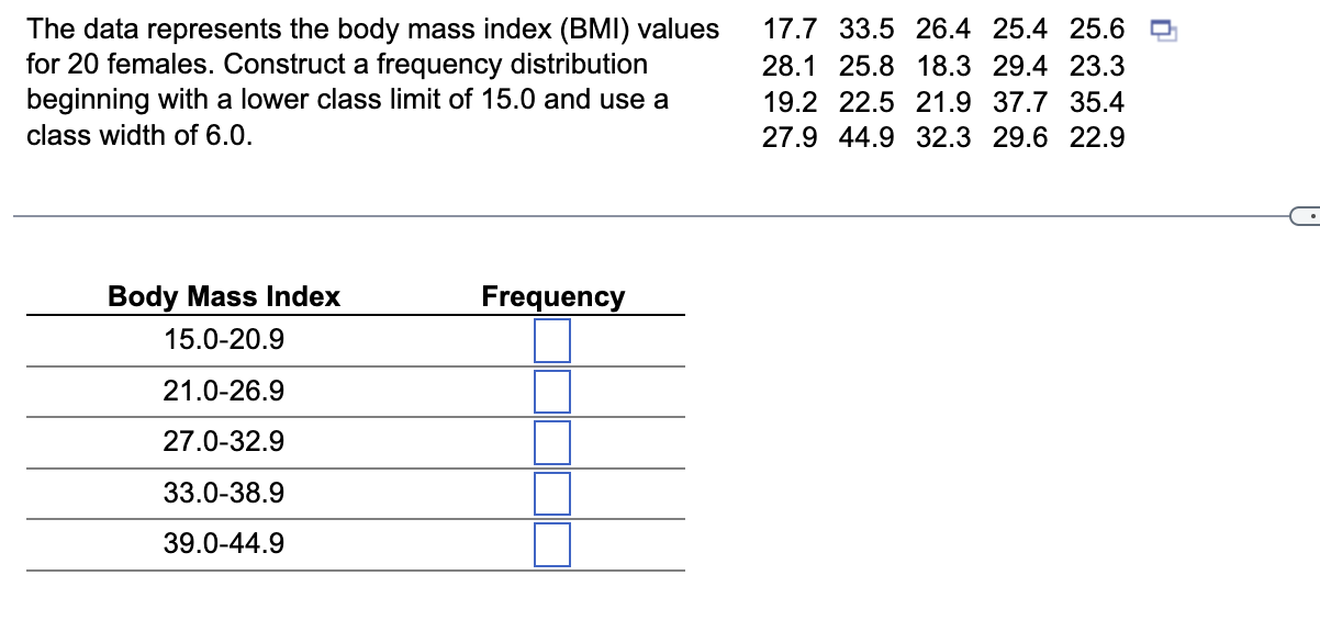 Solved The data represents the body mass index (BMI) values | Chegg.com