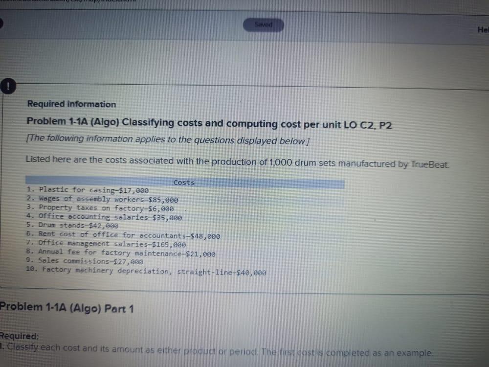 Solved Required information Problem 1-1A (Algo) Classifying | Chegg.com