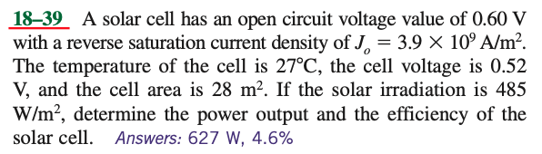 Solved 18–39 A solar cell has an open circuit voltage value | Chegg.com