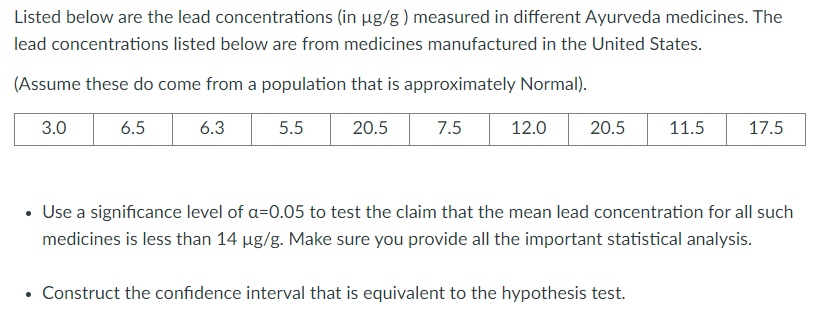 Solved Listed below are the lead concentrations (in μg/g ) | Chegg.com