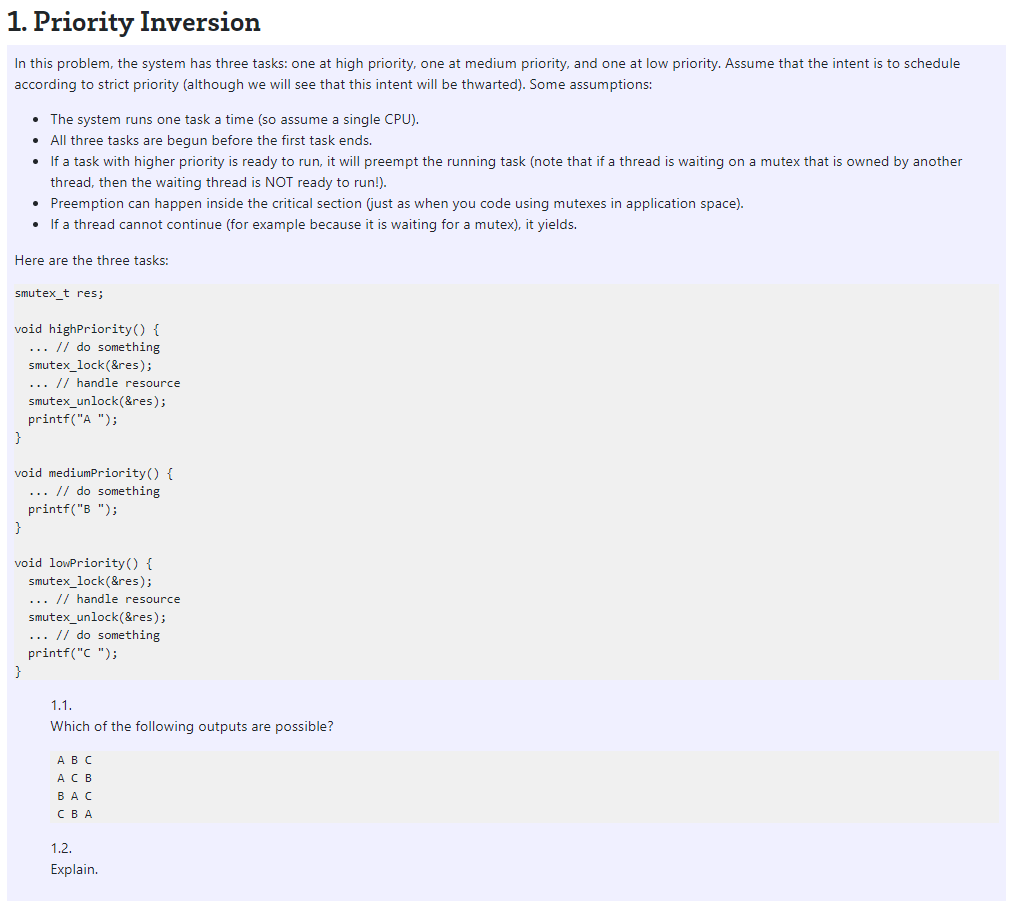 Solved 1. Priority Inversion In this problem, the system has | Chegg.com
