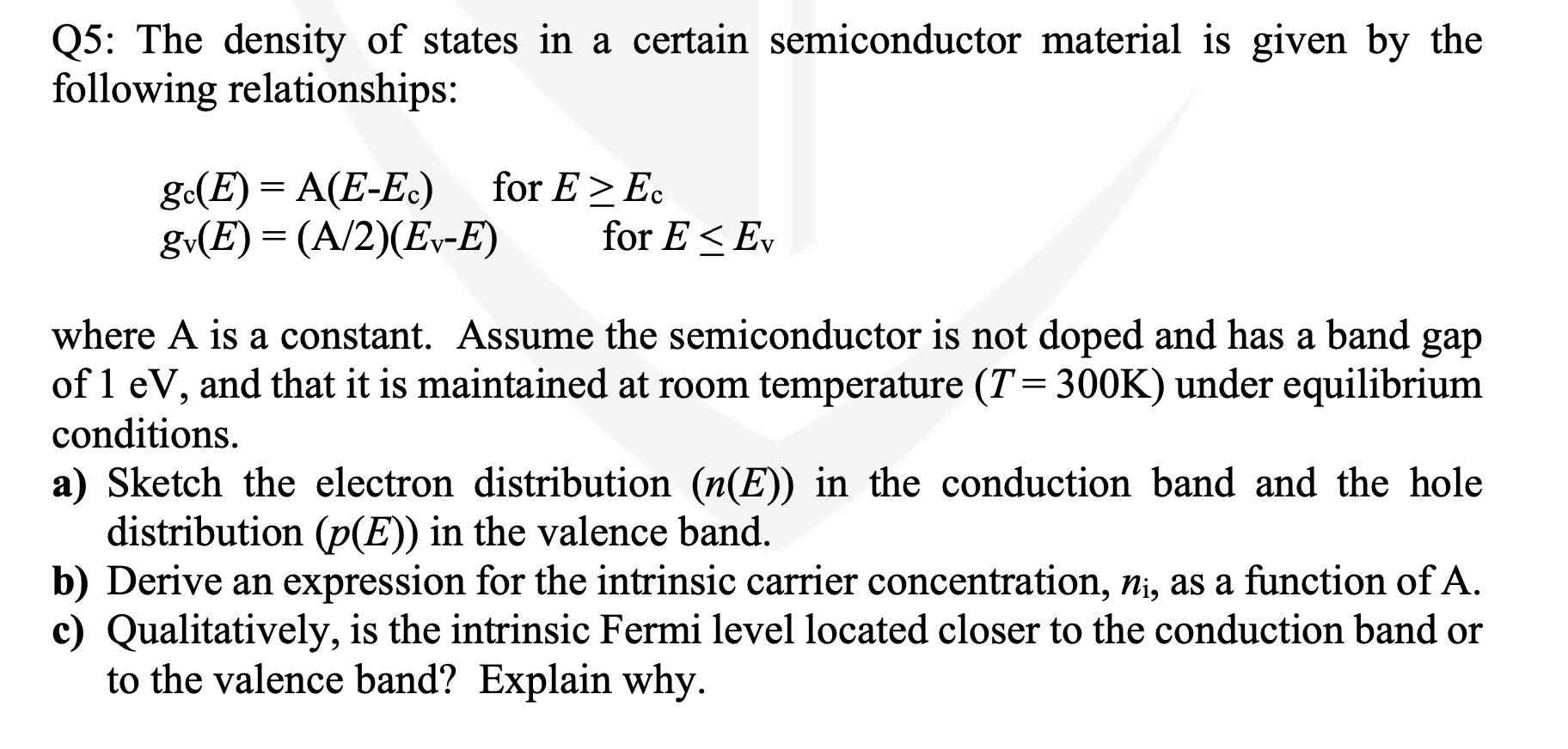 Solved Q5: The density of states in a certain semiconductor | Chegg.com