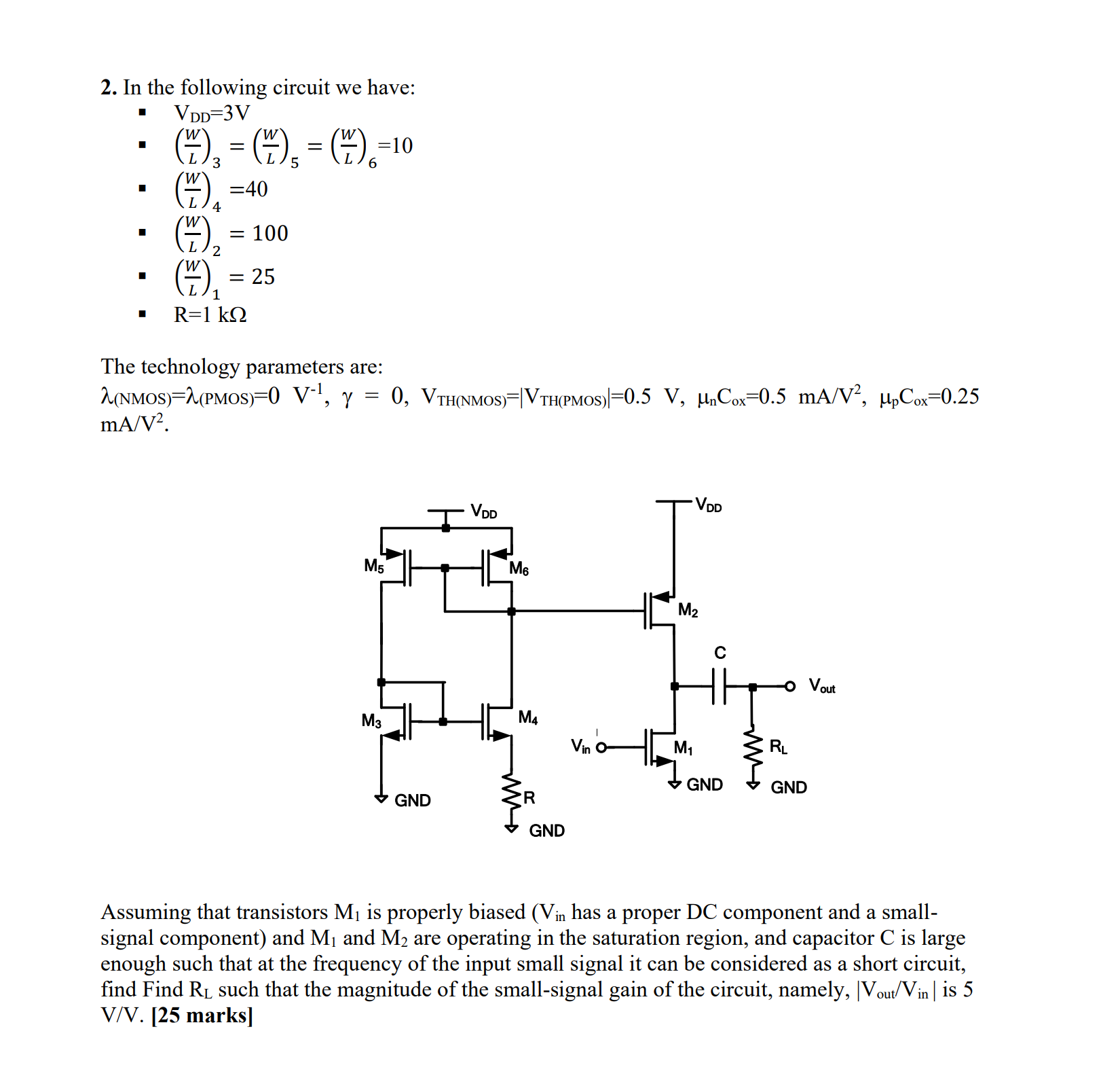 Solved In the following circuit we have: VDD=3V (𝑊 𝐿 | Chegg.com