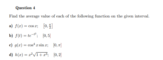 Solved Find the average value of each of the following | Chegg.com