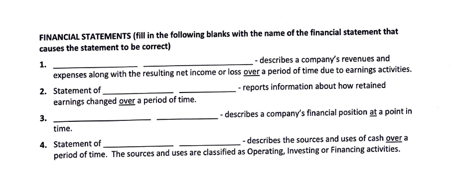 Solved FINANCIAL STATEMENTS (fill in the following blanks | Chegg.com