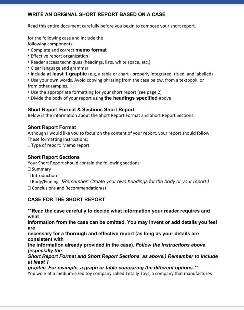 Solved WRITE AN ORIGINAL SHORT REPORT BASED ON A CASE Read | Chegg.com