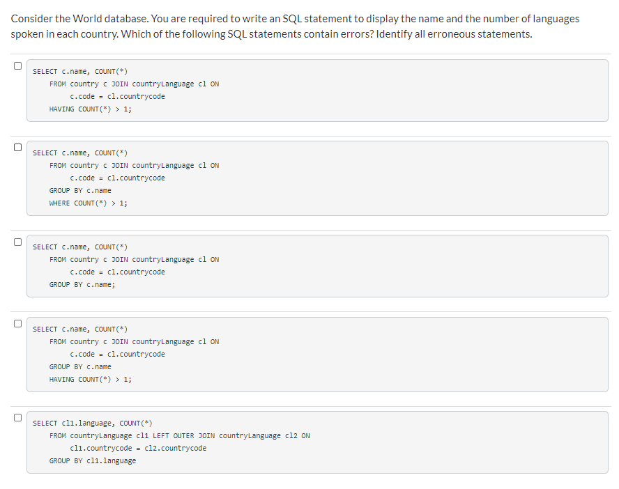 Solved Consider the World database. You are required to | Chegg.com