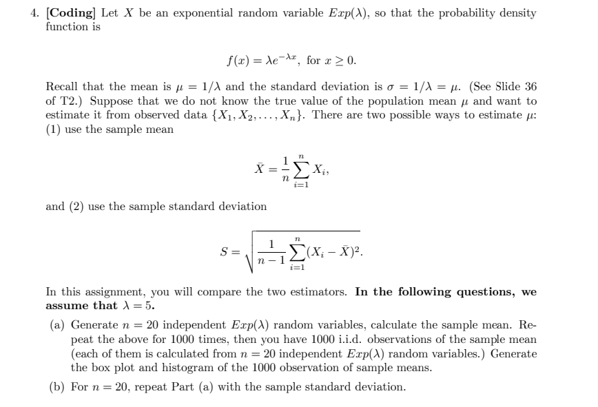 Solved 4. [Coding] Let X be an exponential random variable | Chegg.com