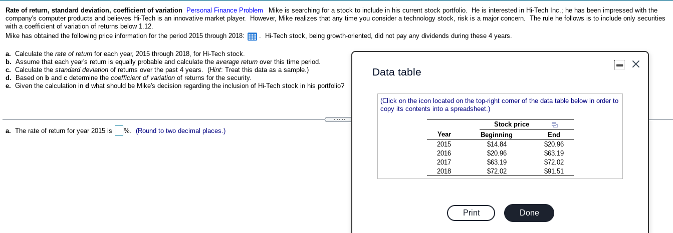 Solved Rate of return, standard deviation, coefficient of | Chegg.com