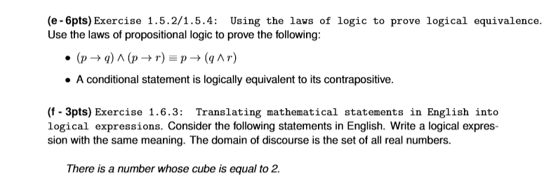 Solved (e-6pts) Exercise 1.5.2/1.5.4: Using the laws of | Chegg.com