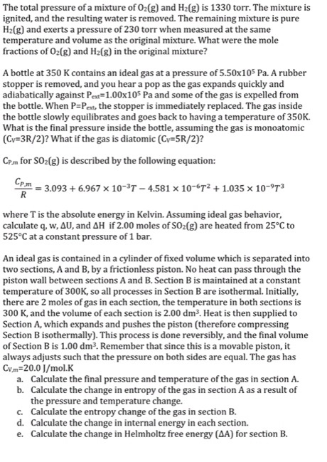 Solved The total pressure of a mixture of 02(g) and H2(g) is | Chegg.com