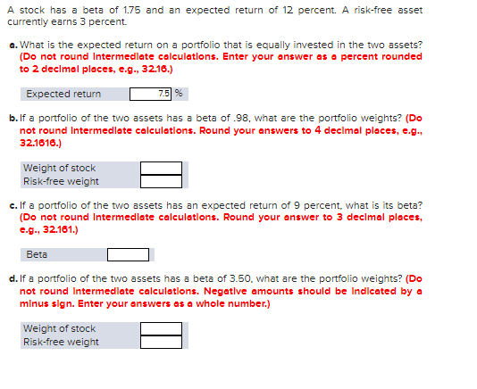 Solved A stock has a beta of 1.75 and an expected return of | Chegg.com