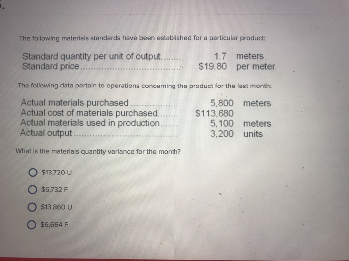 Solved The following materials standards have been | Chegg.com