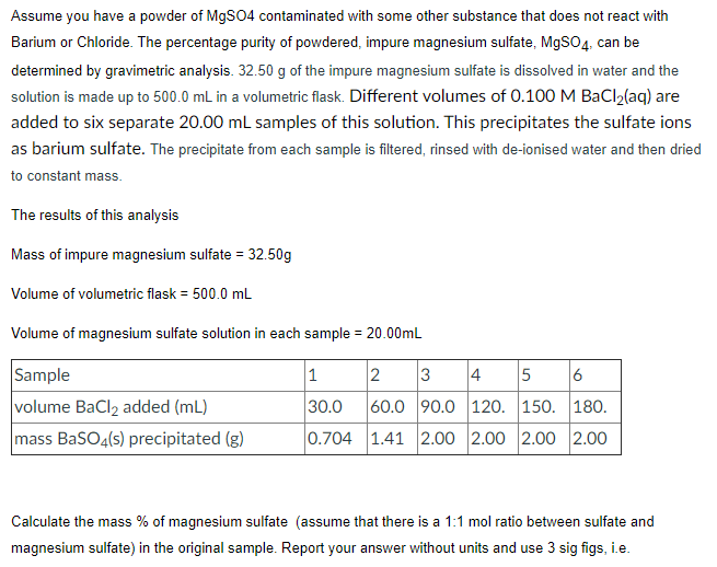 Solved Assume you have a powder of MgSO4 contaminated with | Chegg.com