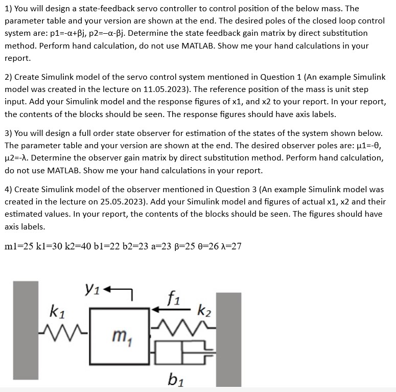1) You will design a state-feedback servo controller | Chegg.com