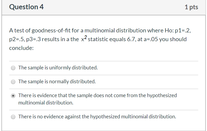 Solved Question 3 1 pts Assuming that the x2 test statistic | Chegg.com