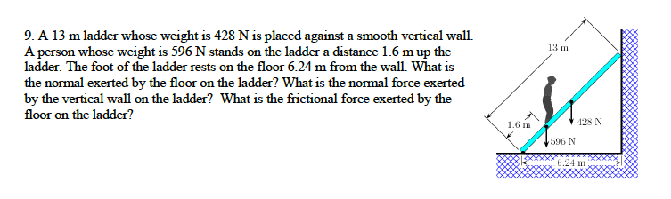 Solved 9. A 13 m ladder whose weight is 428 N is placed | Chegg.com