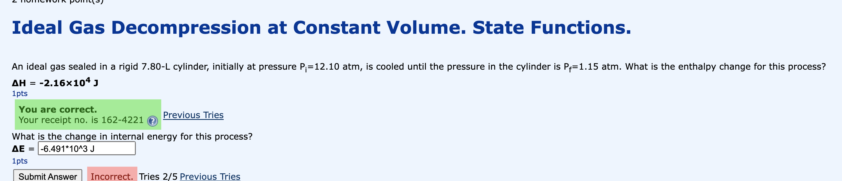 Solved Ideal Gas Decompression at Constant Volume. State | Chegg.com