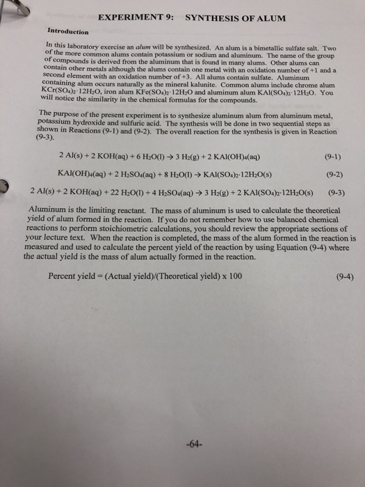 Solved EXPERIMENT 9: SYNTHESIS OF ALUM Introduction In this | Chegg.com