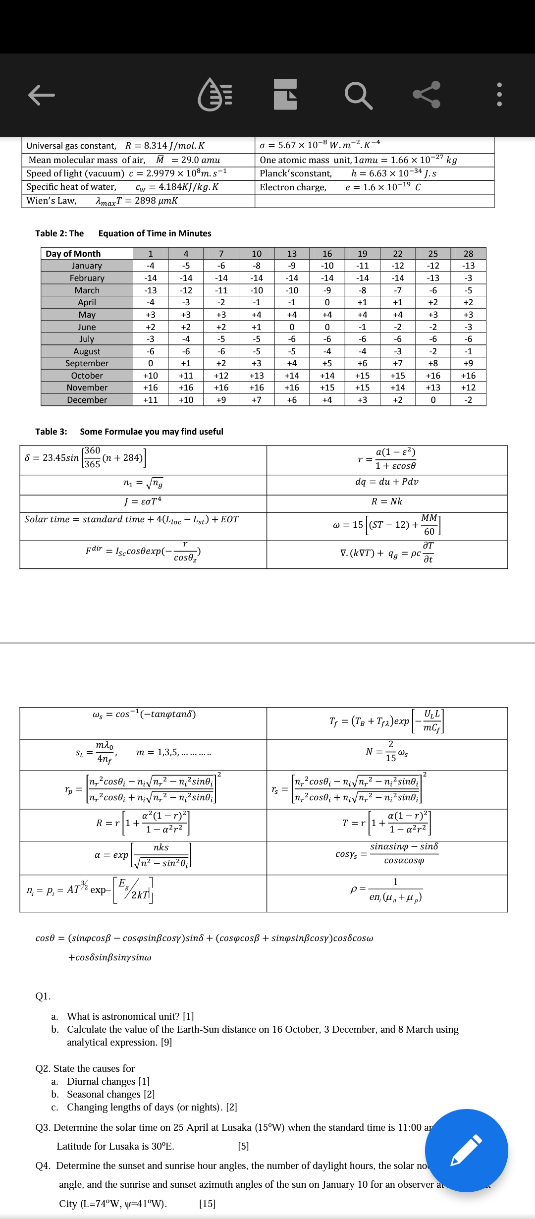 Solved Table 2: The Equation of Time in Minutes Table 3: | Chegg.com