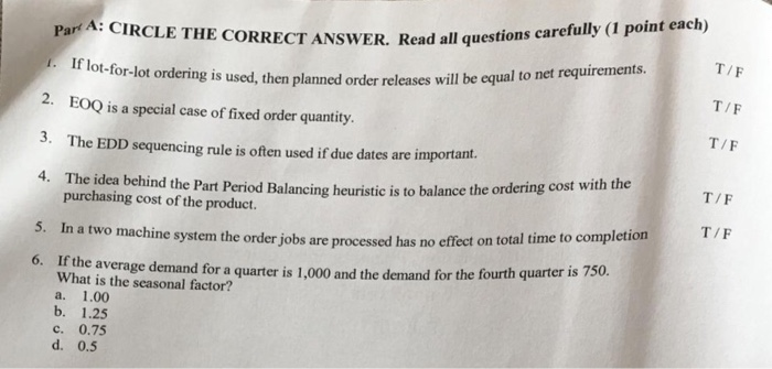Solved PartA: CIRCLE THE CORRECT ANSWER. Read all questions | Chegg.com