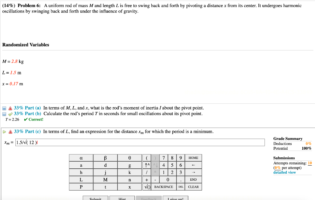 Solved (14\%) Problem 6: A uniform rod of mass M and length | Chegg.com