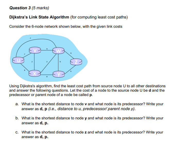 Solved Question 3 (5 marks) Dijkstra's Link State Algorithm | Chegg.com