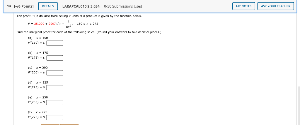 Solved 13. [-16 Points) DETAILS LARAPCALC10 2.3.034.0/50 | Chegg.com Solved 13. [-16 Points) DETAILS LARAPCALC10 2.3.034.0/50 | Chegg.com