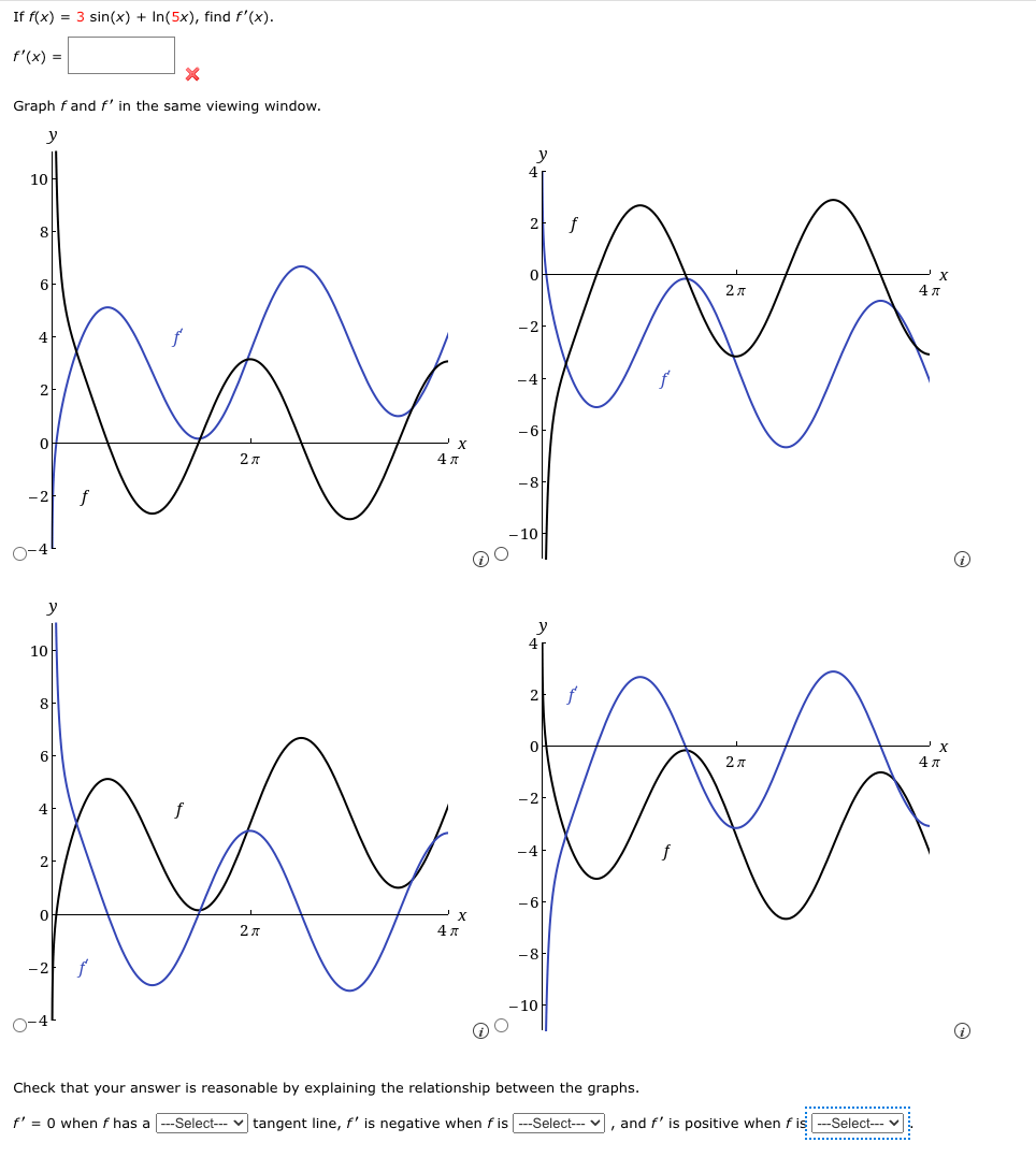 Solved If f(x)=3sin(x)+ln(5x), find f′(x) f′(x)= f′=0 when f | Chegg.com