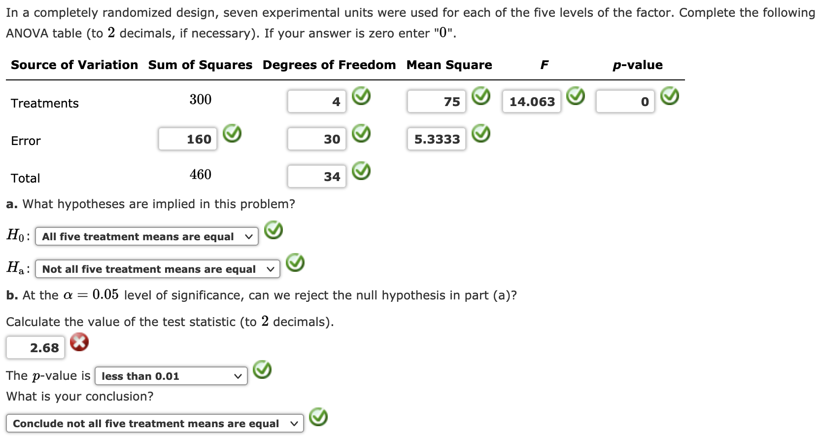Solved In a completely randomized design, seven experimental | Chegg.com