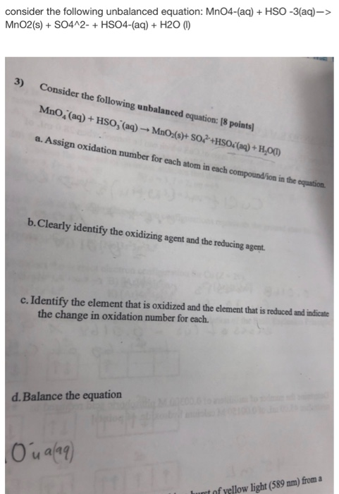 Solved consider the following unbalanced equation: MnO4-(aq) | Chegg.com