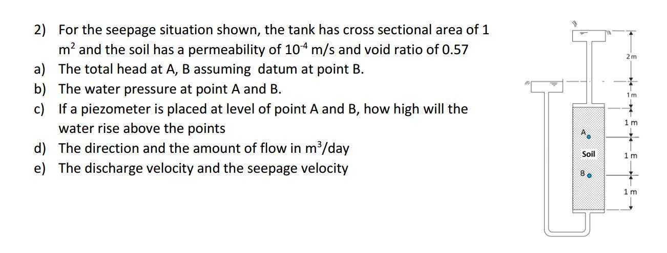 Solved 2) For the seepage situation shown, the tank has | Chegg.com