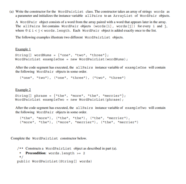 Solved APCS A-ArrayList (WordPair) This question involves | Chegg.com