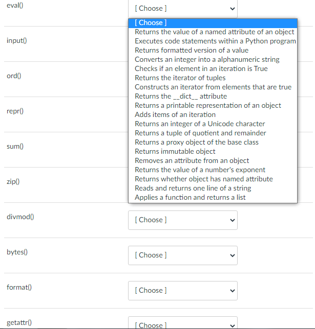 Solved eval() input() ord() [Choose ] [Choose] Returns the | Chegg.com